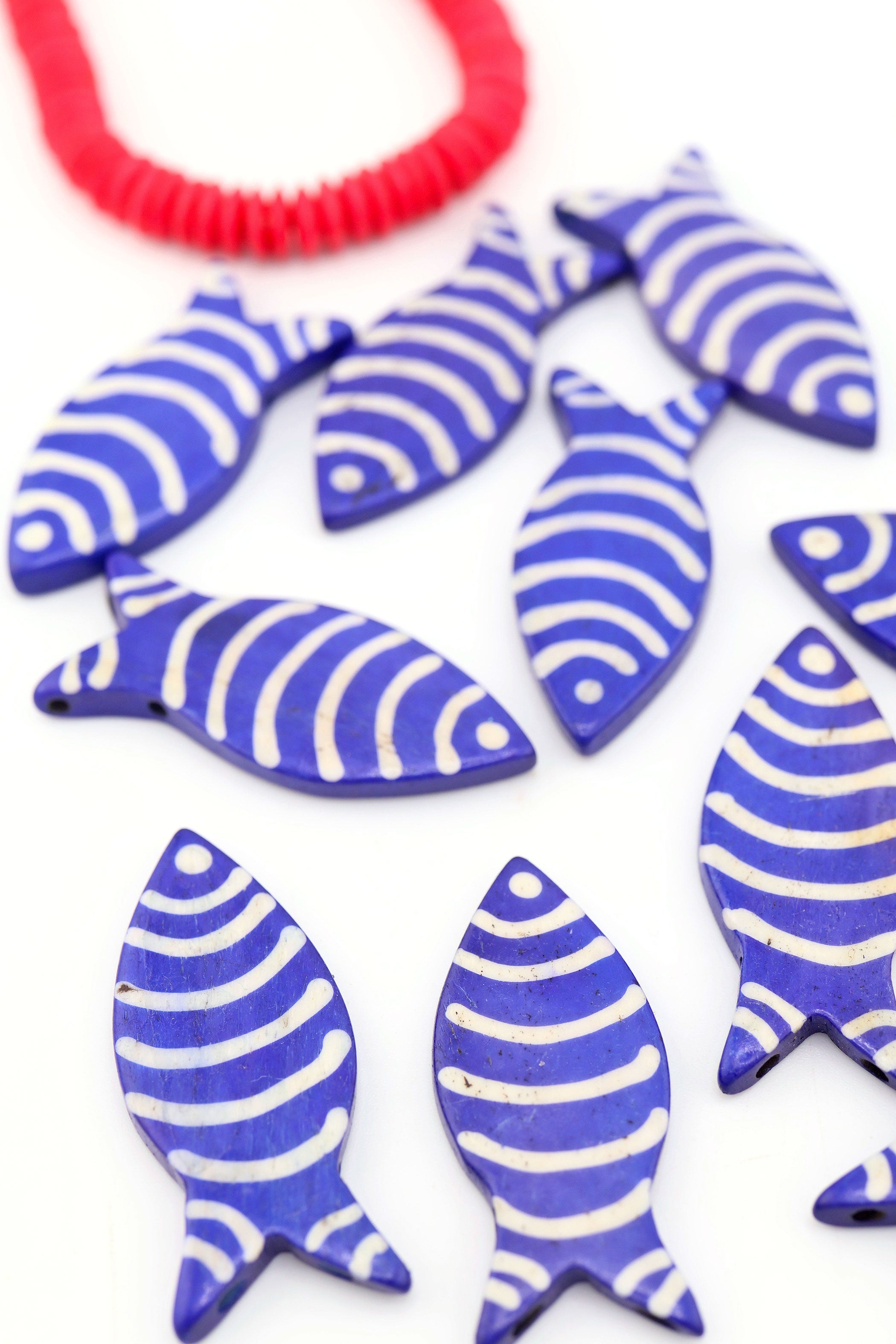 Blue & White Striped Fish Pendant: Hand Carved Bone, 1.75", 3 Charms ...