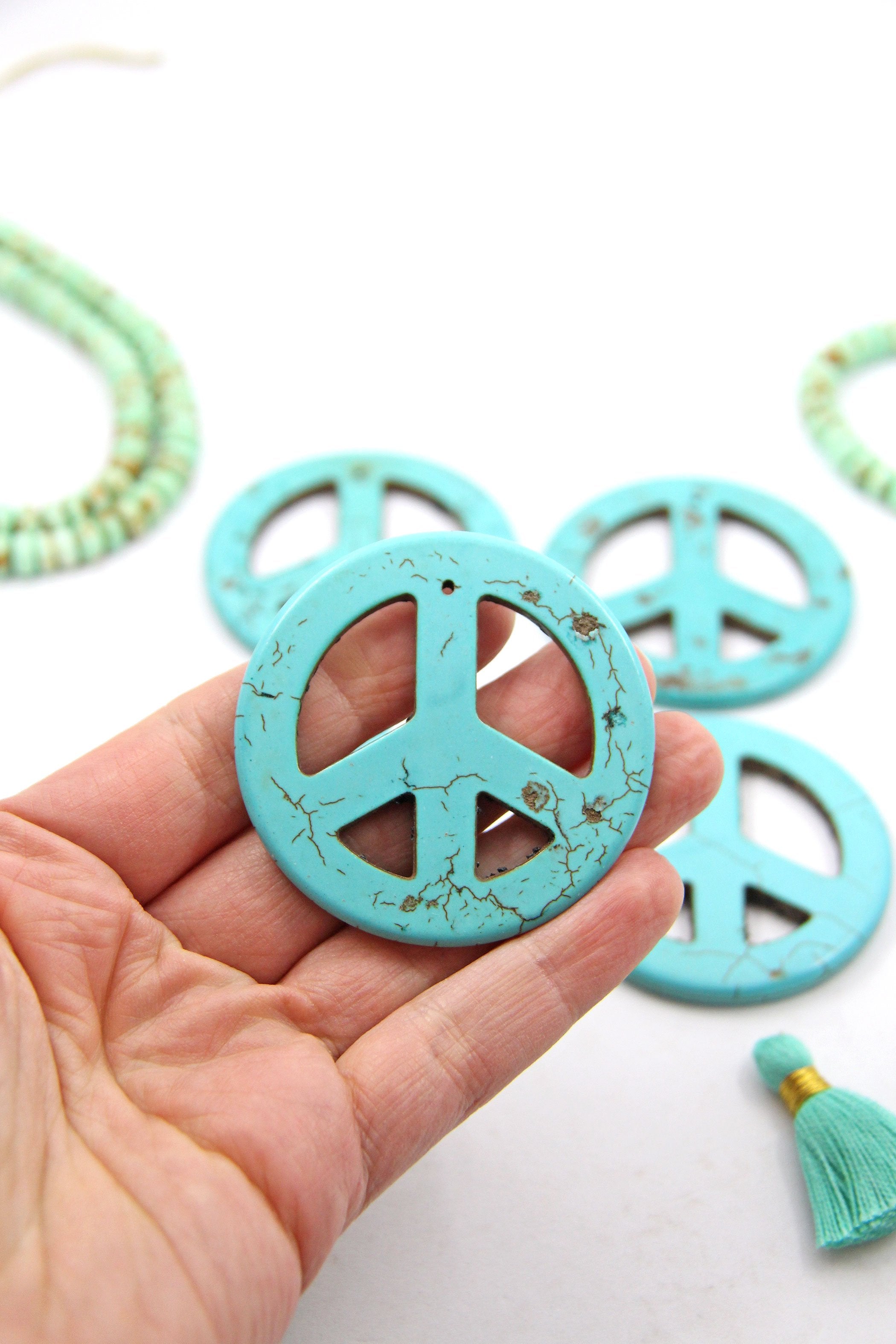 Peace Sign Pendant, Turquoise Magnesite Charm, 2", DIY Crafts, Macrame ...