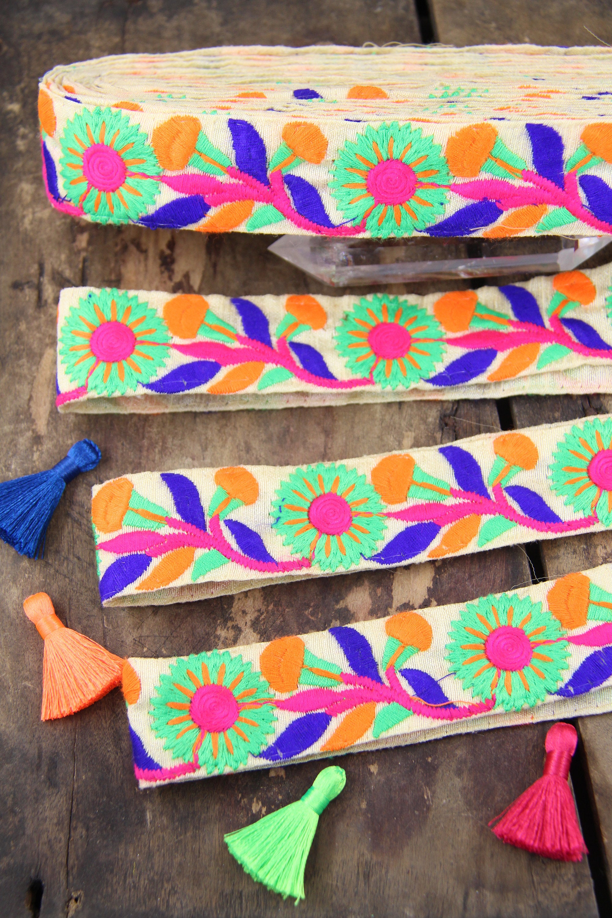 Neon Garden: Floral Embroidered Silk Trim from India, 1.5" wide ...