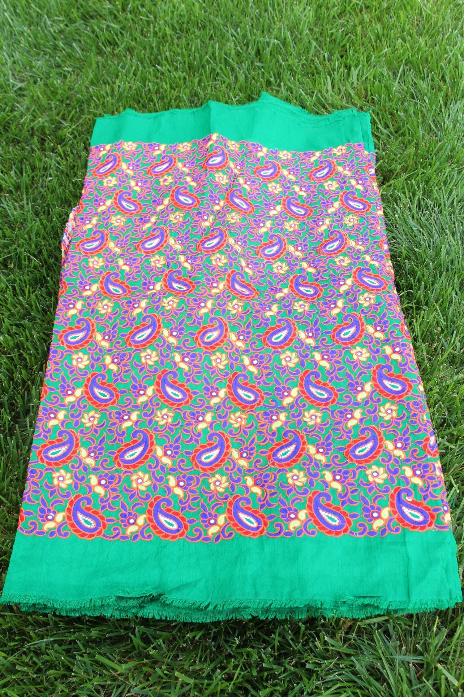Embroidered Floral Fabric from India, Green Silk Wall Hanging Textile ...
