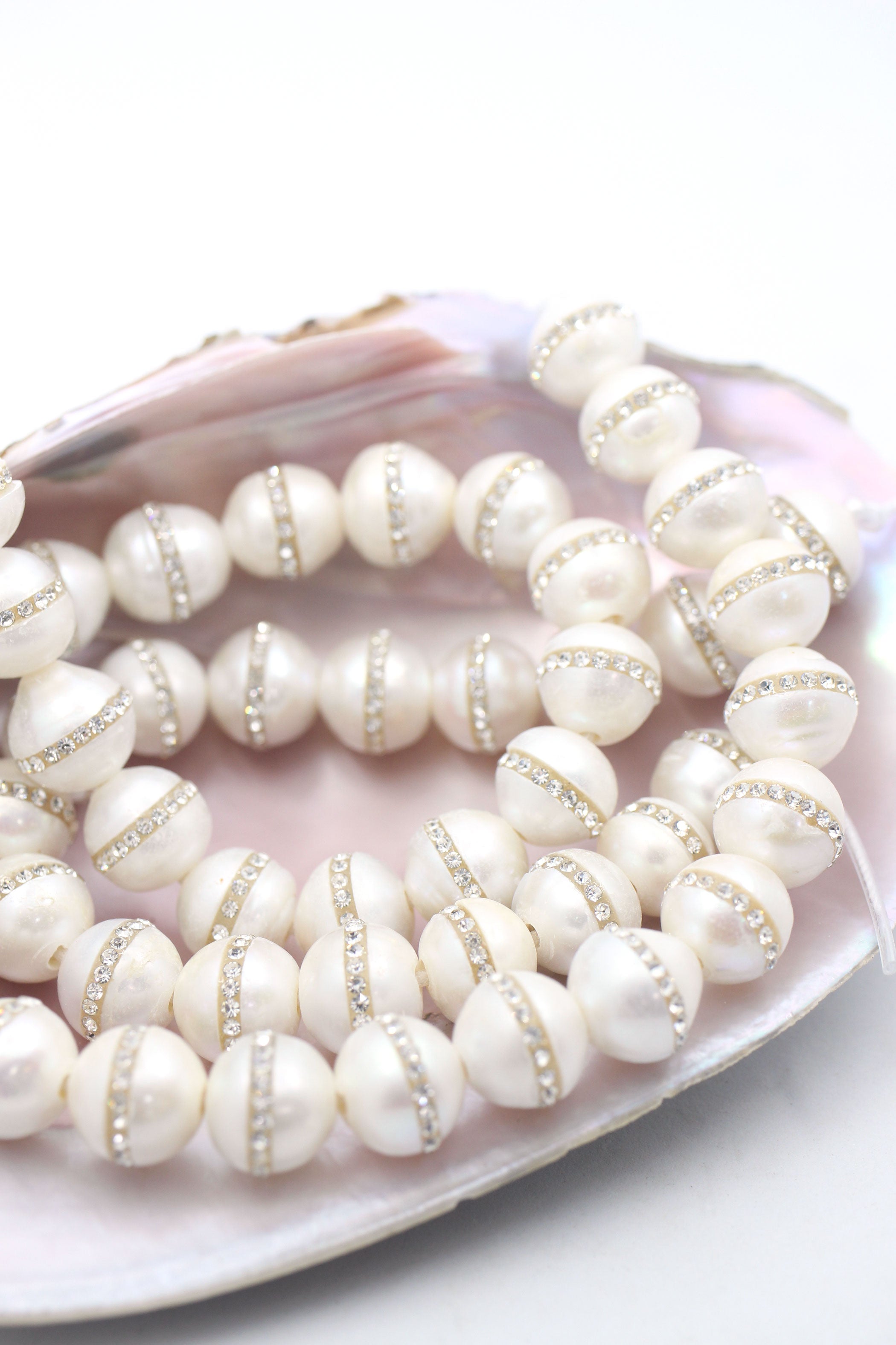 Large Hole Pearls w/ Crystal Band, 12mm, 2mm Hole, Half Strand, 18 bea ...