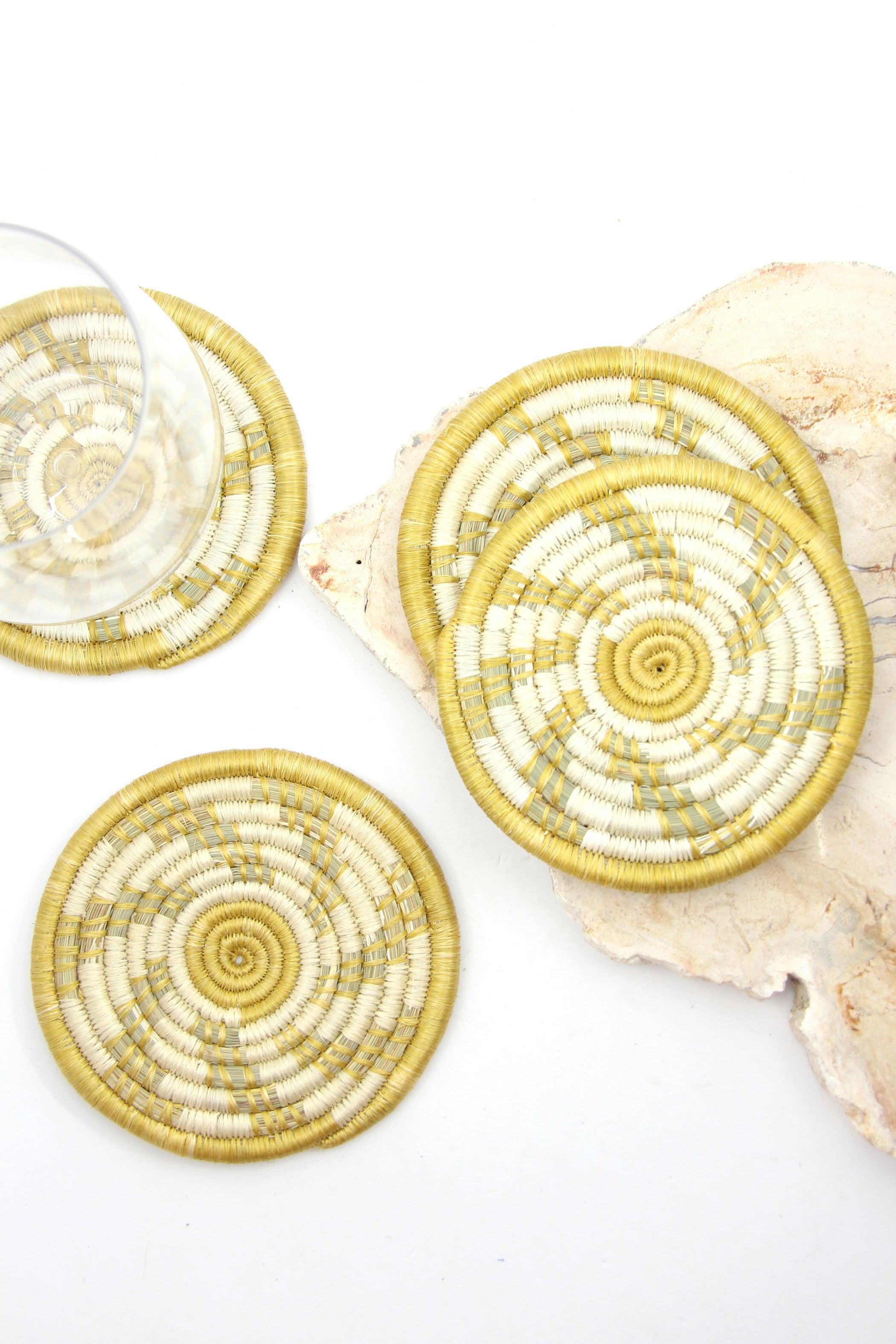 Golden & Tan Woven Coasters, Sisal & Sweetgrass, from Rwanda, Set of 4 ...