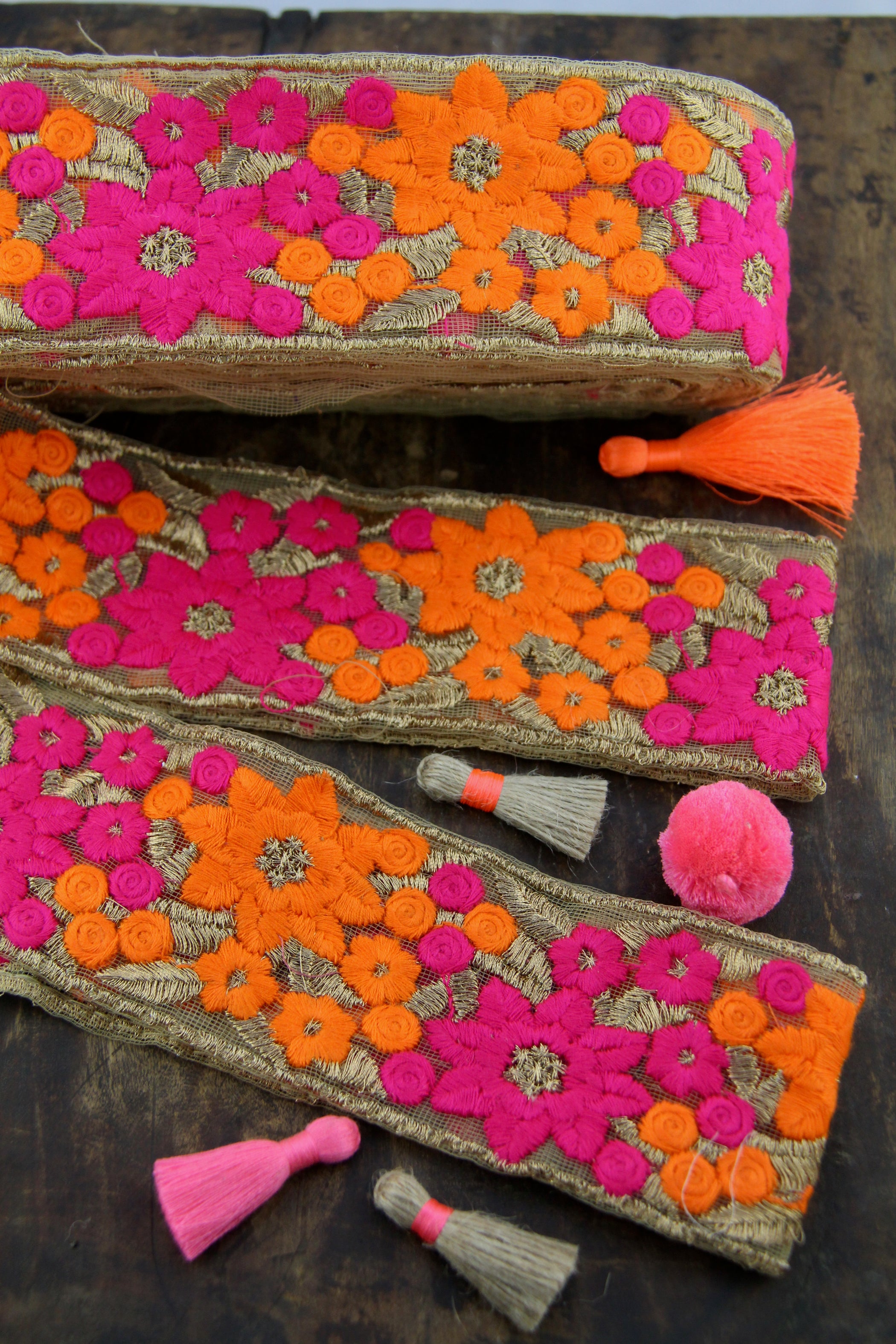 Neon Metallic Floral Ribbon: 2.25" Tan, Orange, Golden Pink Mesh Trim ...