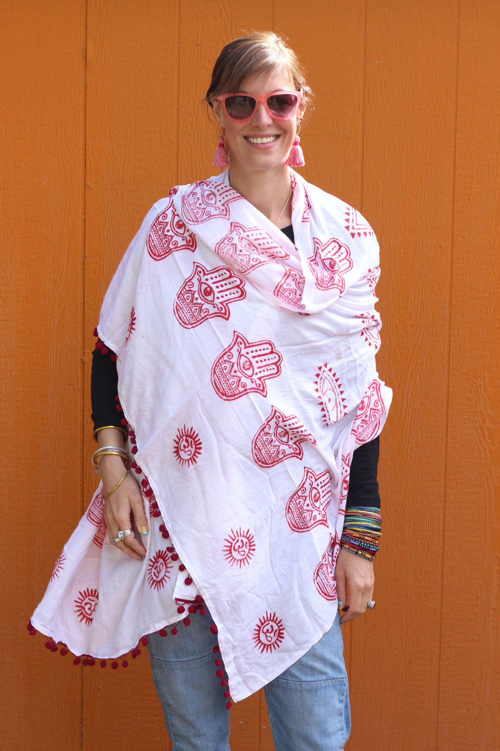 Good JuJu Evil Eye, Good Vibes, Hamsa & Om Block Print Scarf, Pom Poms ...
